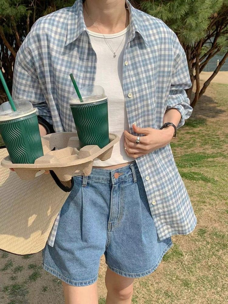 清爽藍色系格紋襯衫 - ginkgo.kr