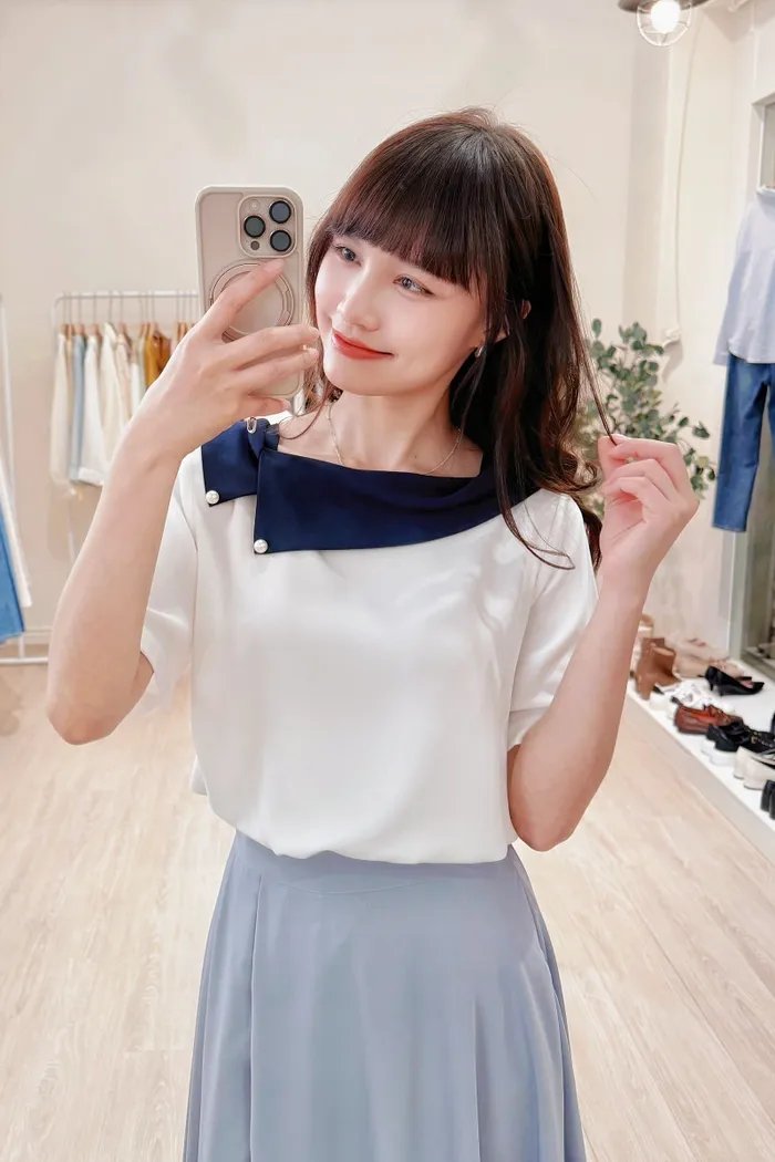 正韓 配色船領綴珠上衣 3色 - Minieve 正韓精選女裝・首爾空運直送