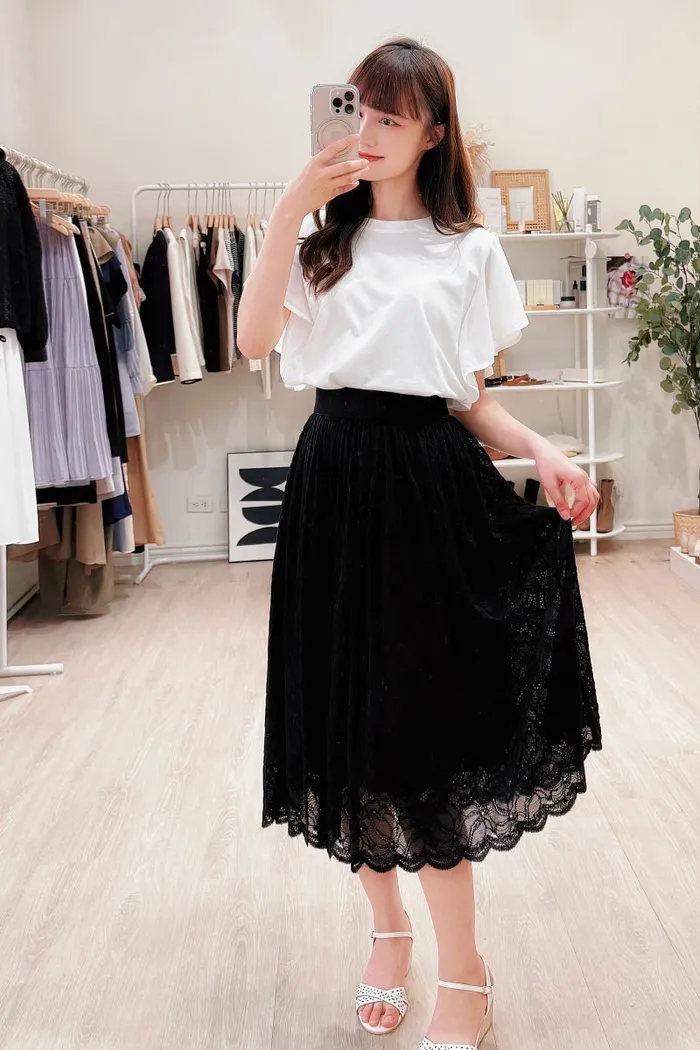 正韓 下波浪蕾絲中裙 2色 - Minieve 正韓精選女裝・首爾空運直送
