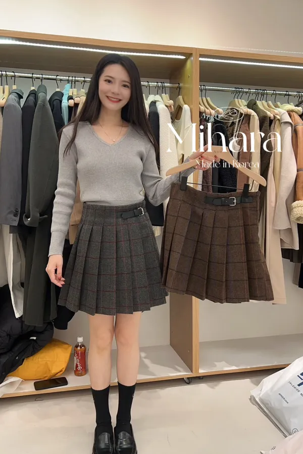 A4 0115(限量特)高檔家拼接腰帶A賴羊毛30%百褶短裙 - Mihara